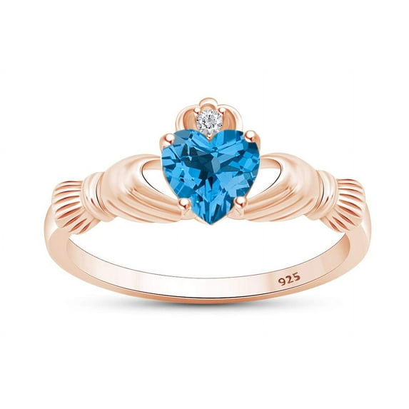 AFFY Heart Cut Simulated Blue Topaz & Cubic Zirconia Claddagh Ring In ...