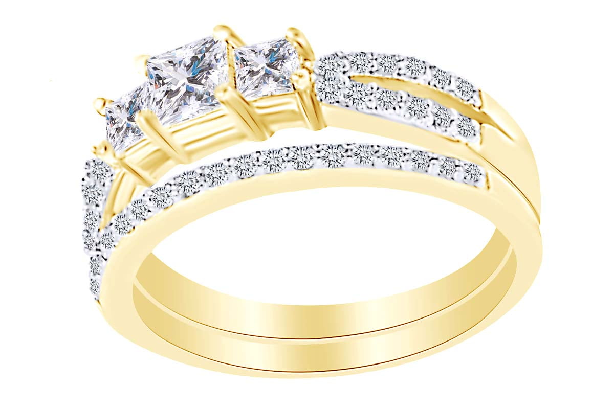AFFY White Cubic Zirconia Three Stone Bridal Ring Set 14k Yellow Gold ...