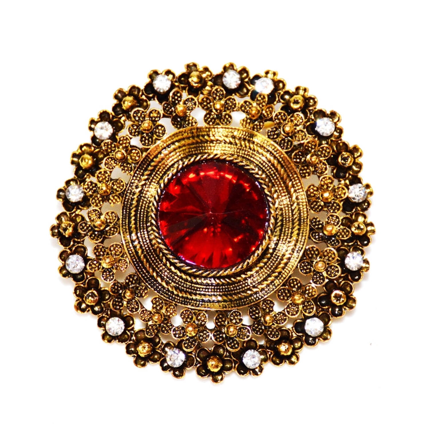 Jewelblings Edwardian Jewelry Domed Red Crystal Stone Round Brooches ...