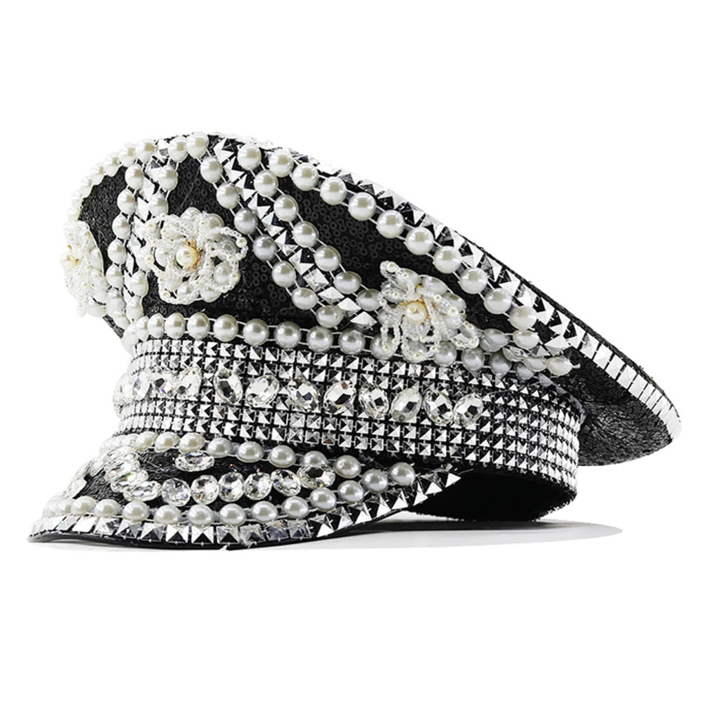 Jeweled Hat Pearls Crystal Studded Captain Hat for Women Dancer ...