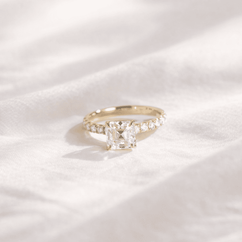 Jewelerix Asscher Cut Solitaire Engagement Ring with Pavé Band, 14K ...