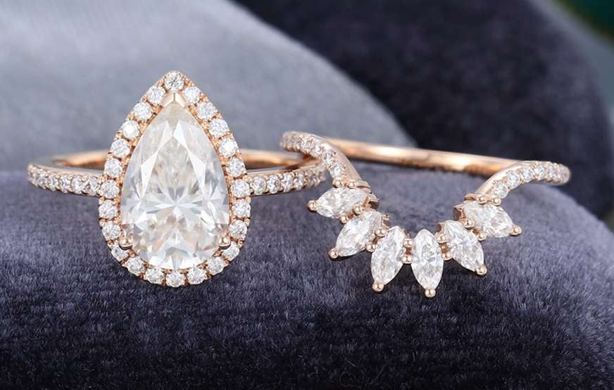 Jewelerix Bridal Pear Cut Ring 14K Rose Gold Moissanite Diamond ...