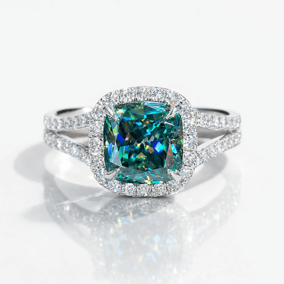 Jewelerix Exquisite Green Cushion Cut Promise Day Ring Halo 14K White ...