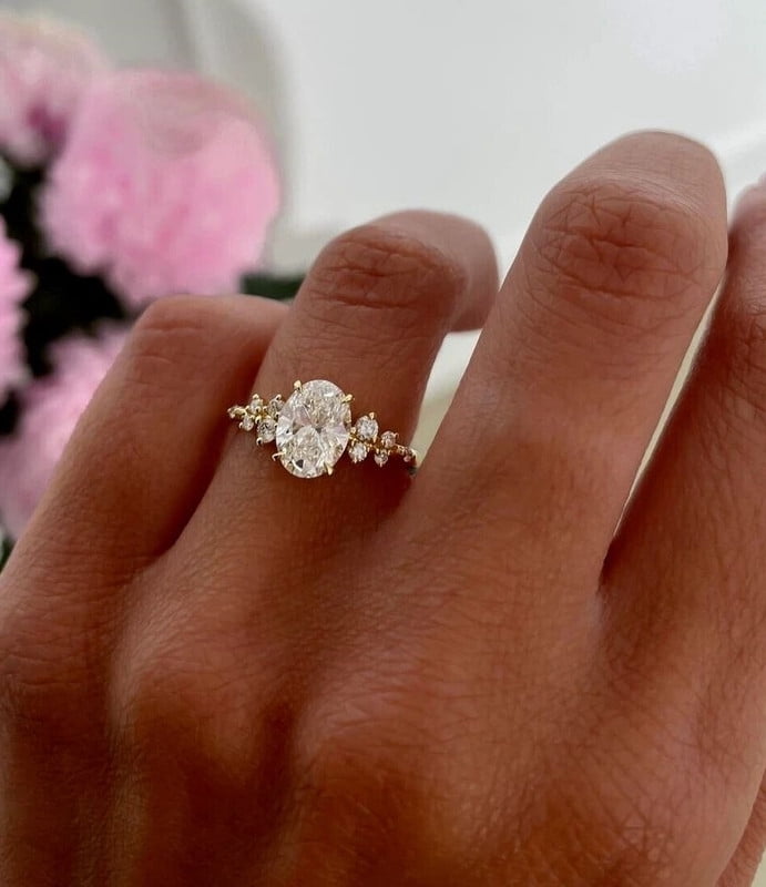 Jewelerix Oval Cut Diamond Engagement Ring Vermeil 14K Gold Cluster ...