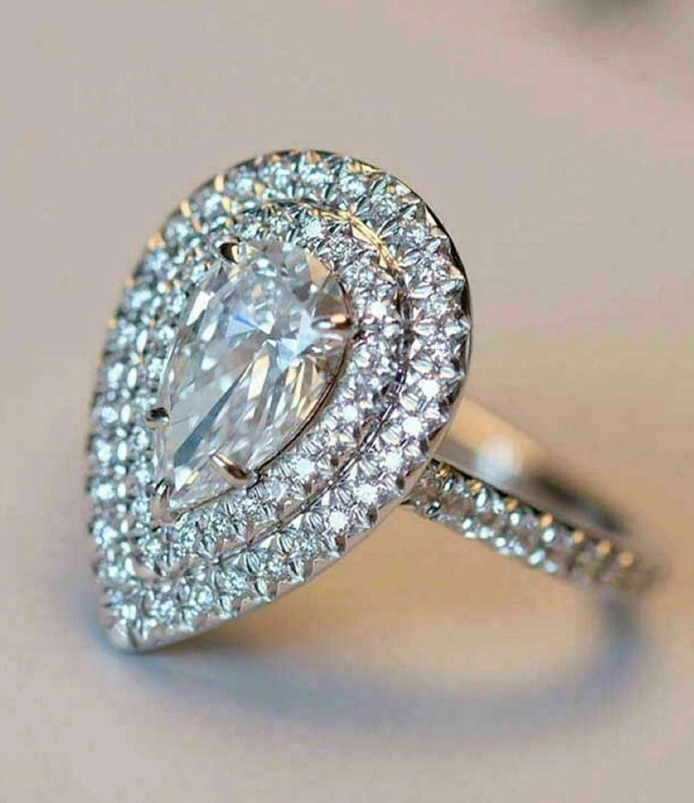 Jewelerix Pear Cut Engagement Ring Double Halo Silver Band Plated ...