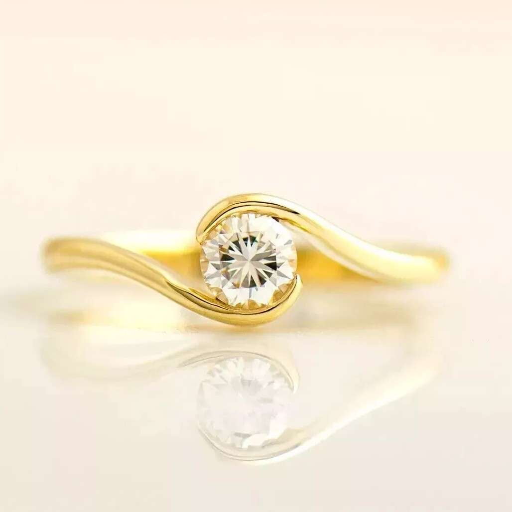 Jewelerix Round Cut Bypass Solitaire Ring for Women Yellow Gold Finish ...