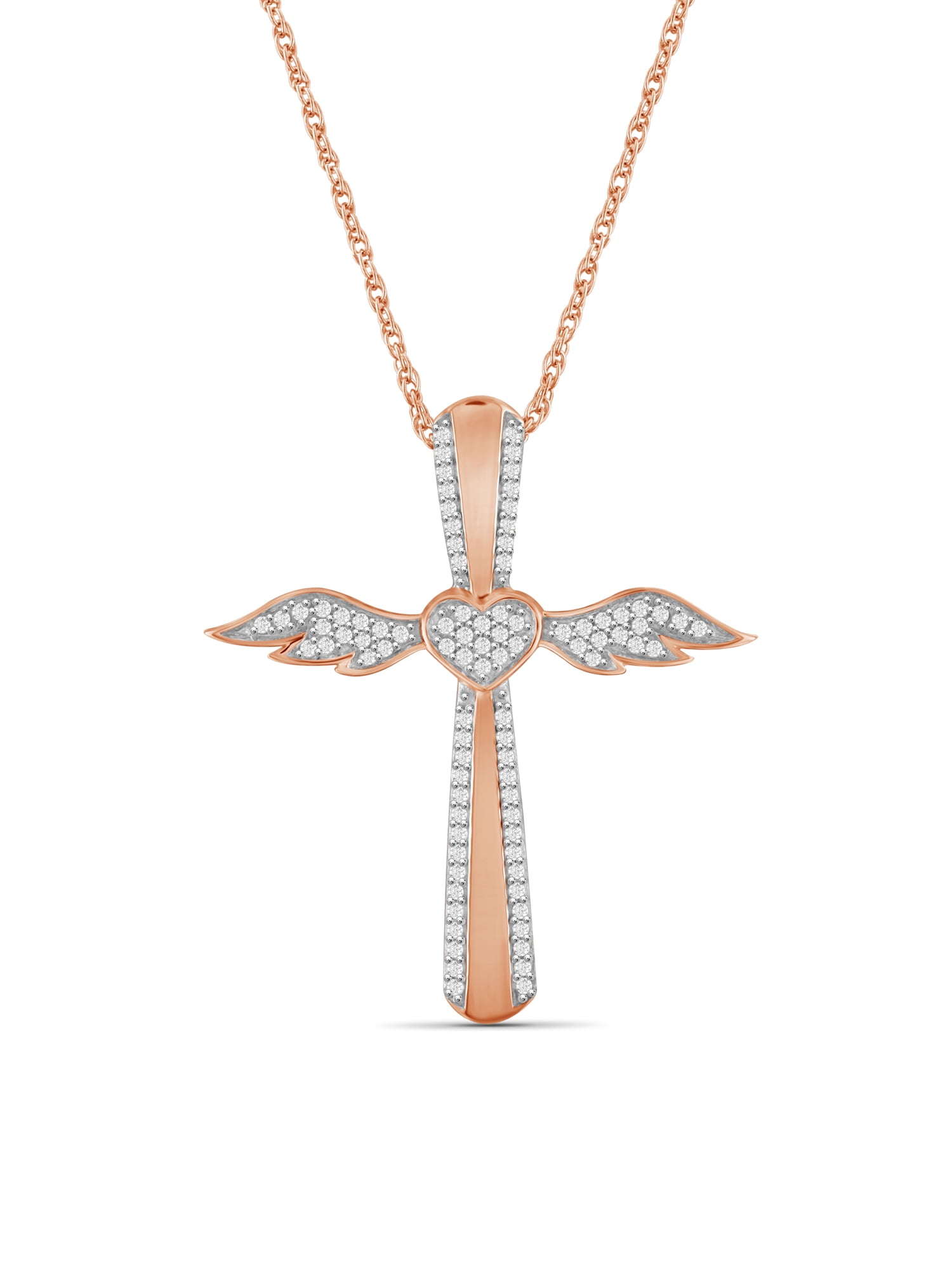 JewelersClub Rose Gold Over Silver 0.25 CTW Diamond Angel Cross Pendant ...