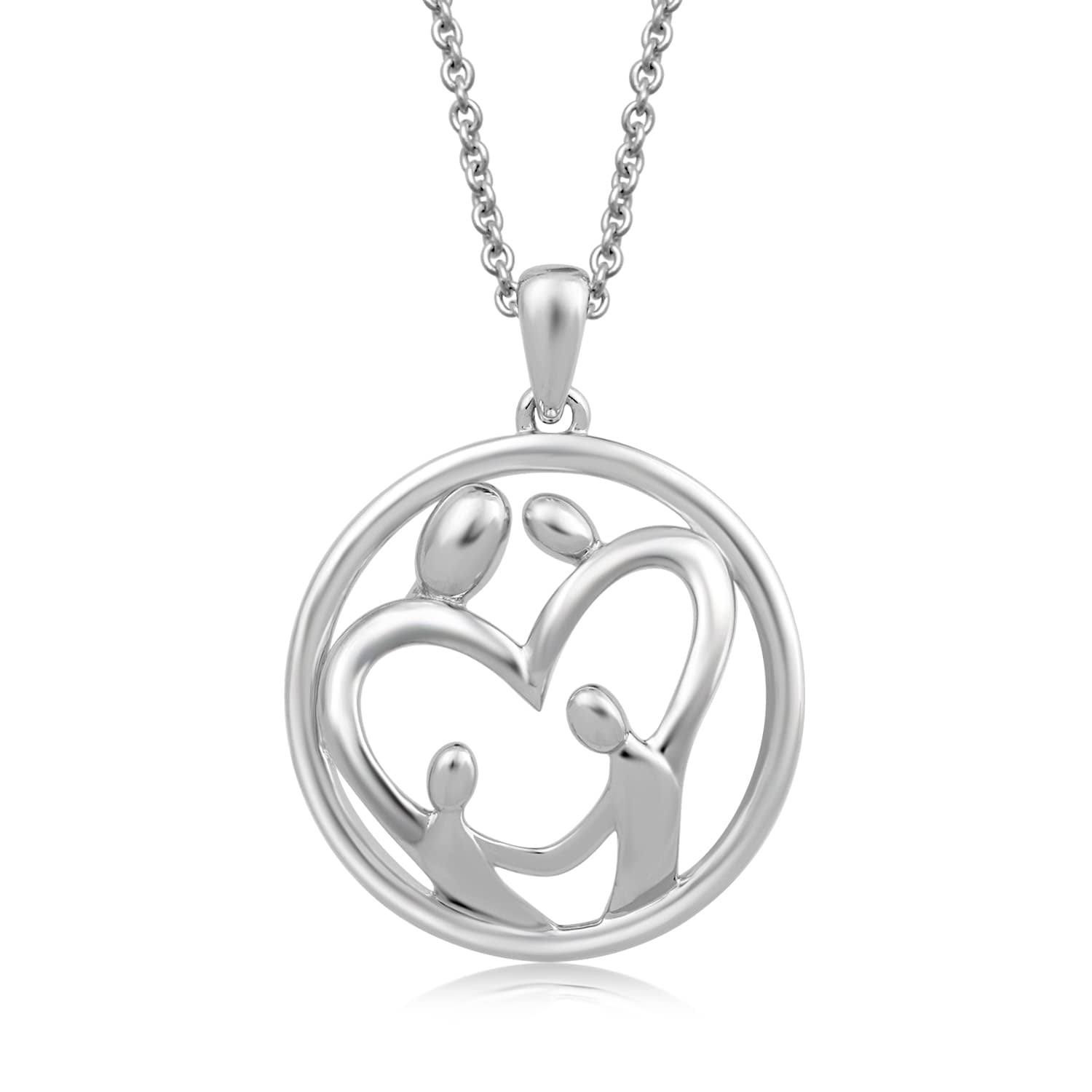 Jewelili Sterling Silver Parents and Two Children Family Pendant ...