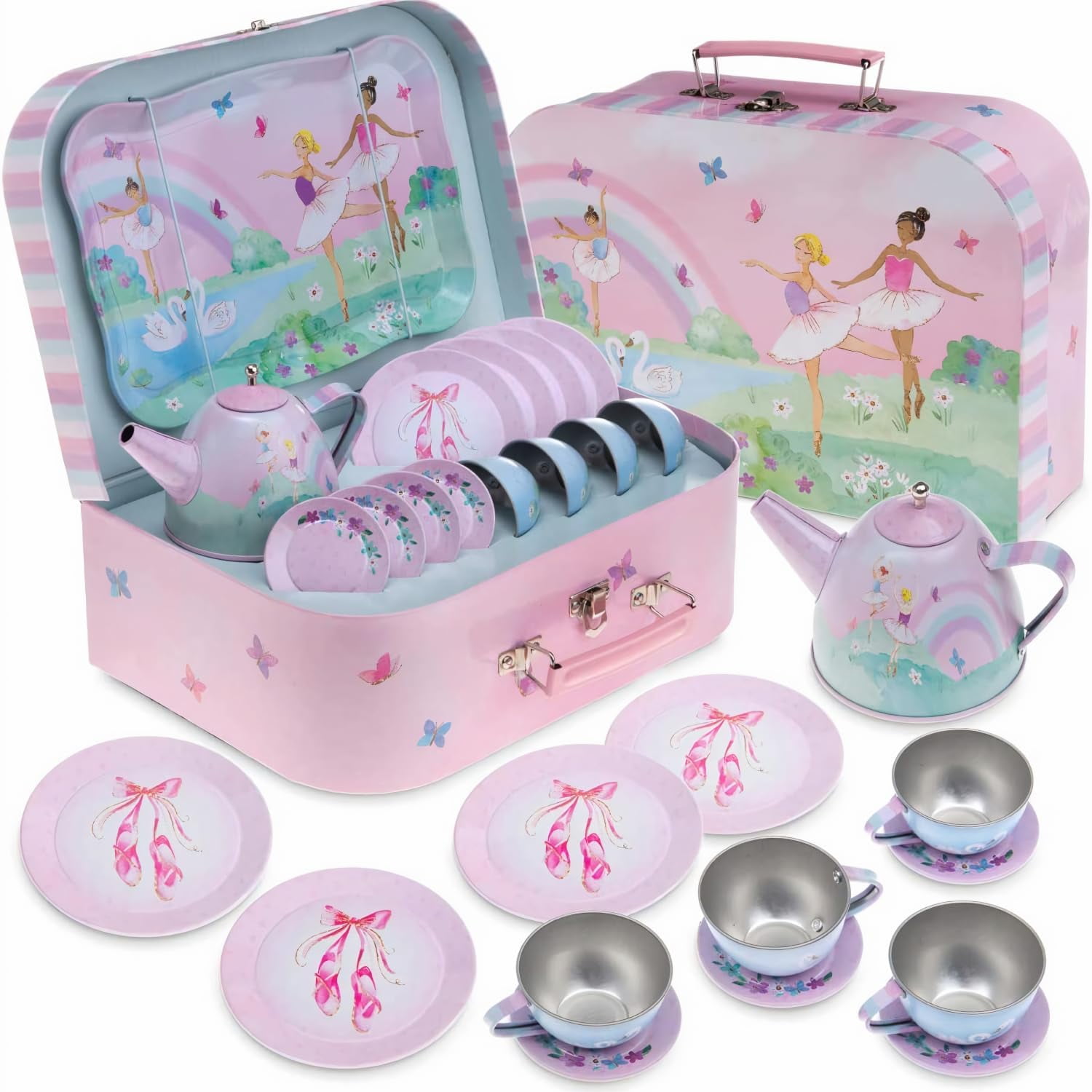 Jewelkeeper Girls Pretend Toy Tin Tea Set - Ballerina Design, 15 Piece ...