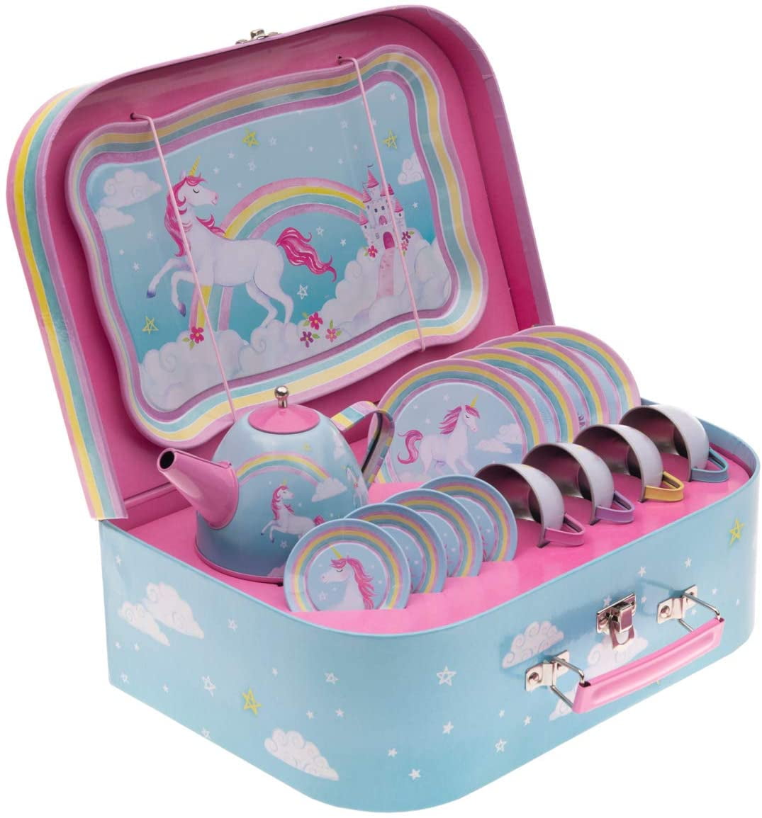 Jewelkeeper 15 Piece Kids Pretend Toy Tin Tea Set & Carrying Case ...