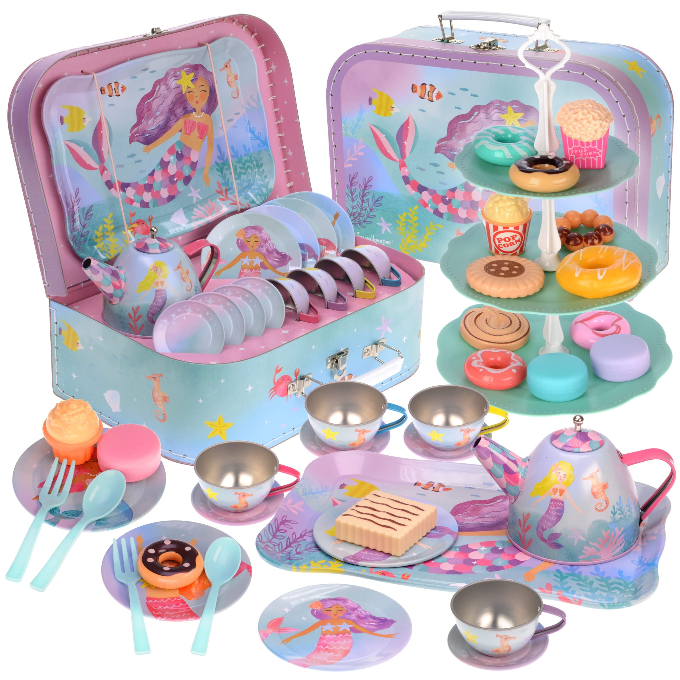 Jewelkeeper 42 Piece Child's Metal Play Cup Tea Set, Rainbow Mermaid ...