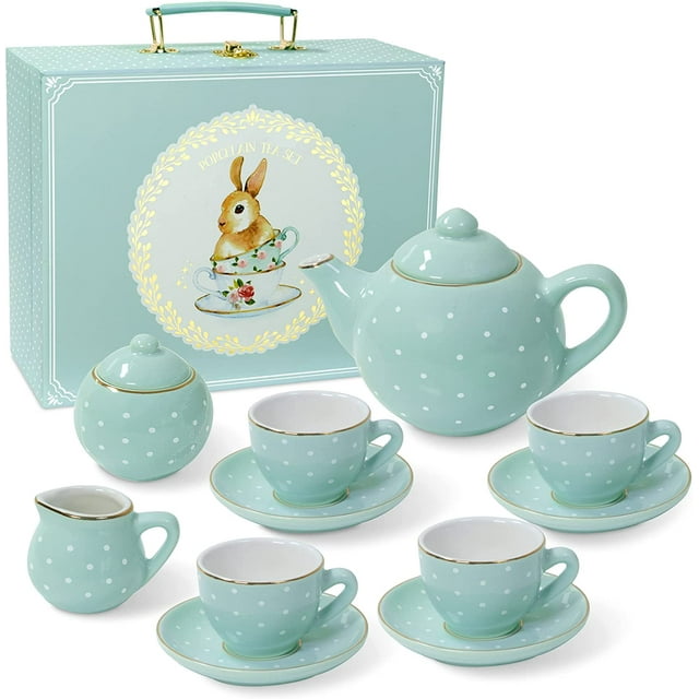 Jewelkeeper Porcelain Tea Set for Little Girls, Blue Polka Dot Design ...