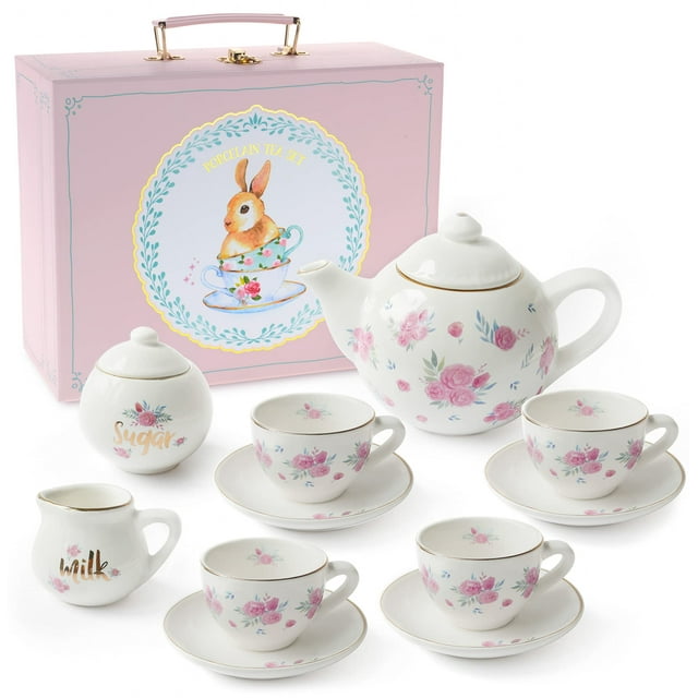 Jewelkeeper Kids Porcelain Tea Set, Pretend Play Party Toy, Floral ...
