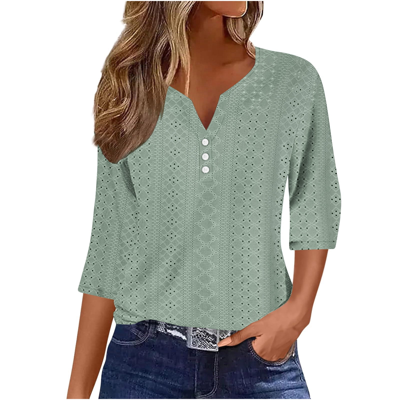 Jewelreauty Eyelet Tunic Tops for Women Elbow Length Notch Neck Casual ...