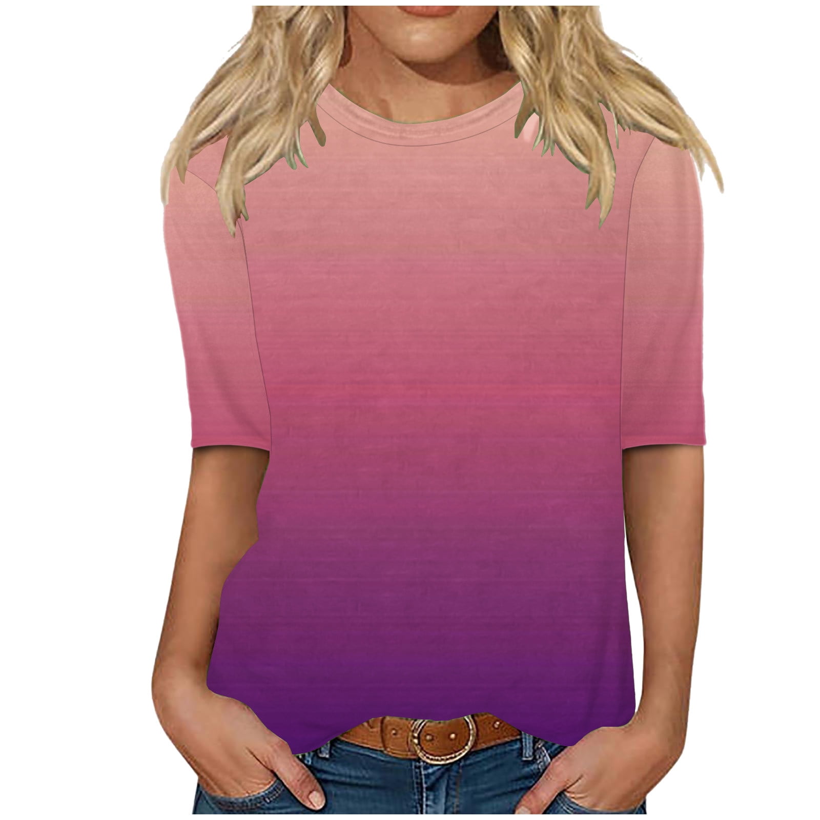 Jewelreauty Half Sleeve Round Neck Shirts Women Casual Loose Gradient ...