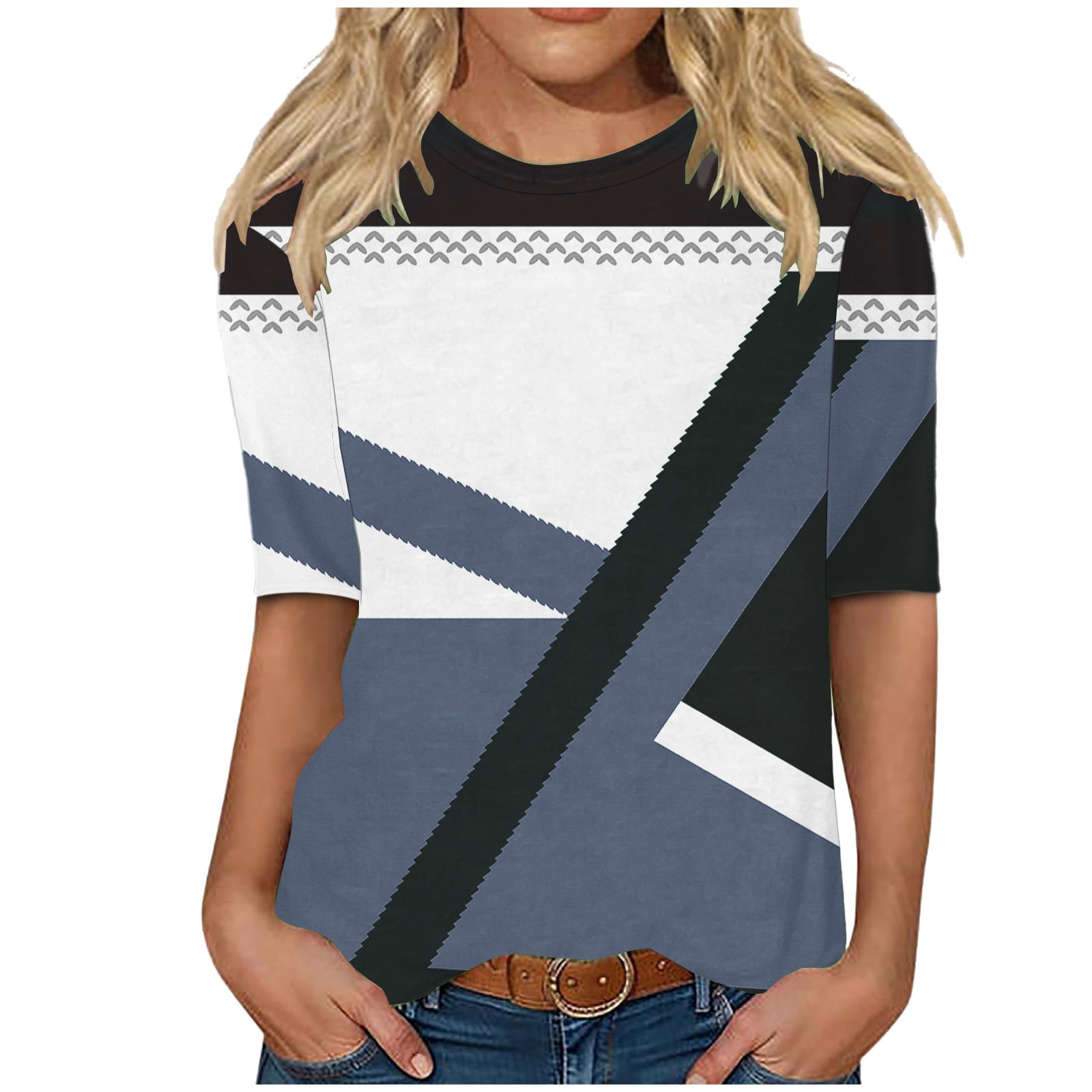 Jewelreauty Half Sleeve Round Neck Shirts Women Casual Loose Graphic ...