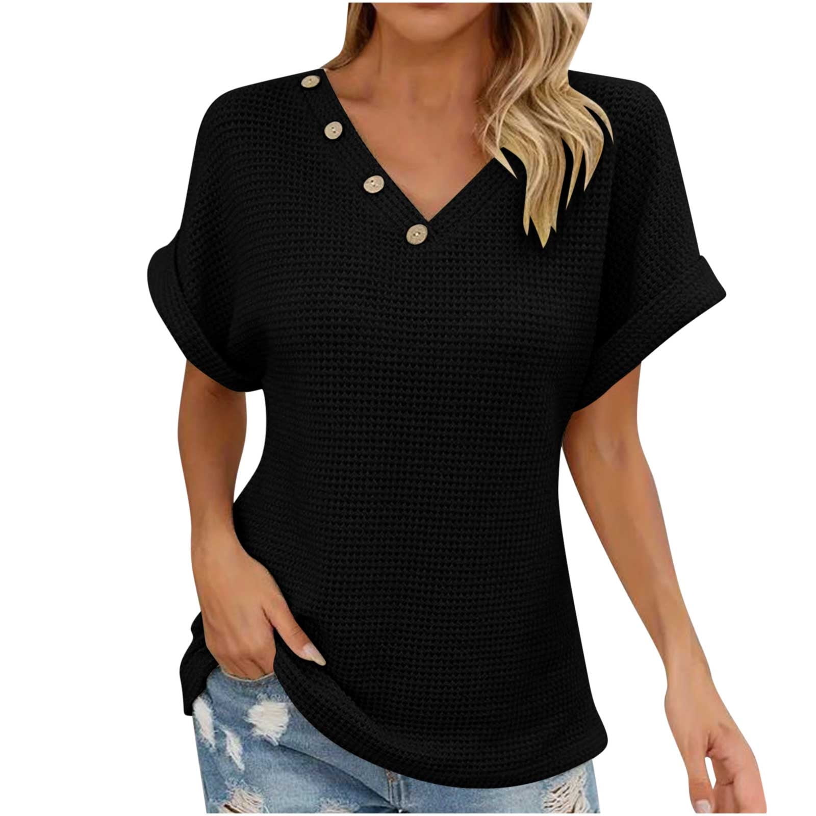 Jewelreauty Knit Tops for Women Casual Short Sleeve V Neck Waffle ...