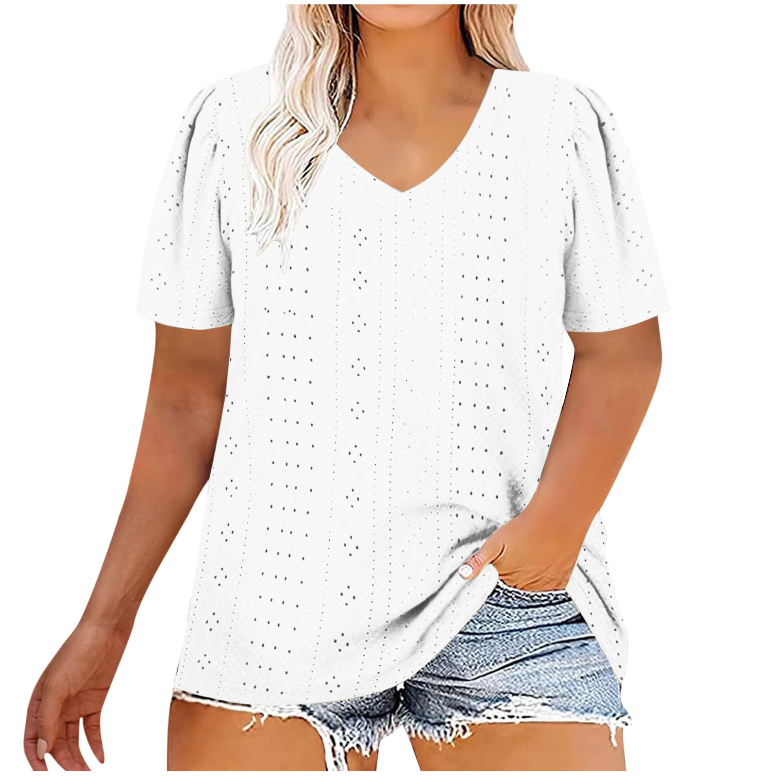 Jewelreauty Plus Size Eyelet Tops For Women Casual V Neck Short Sleeve