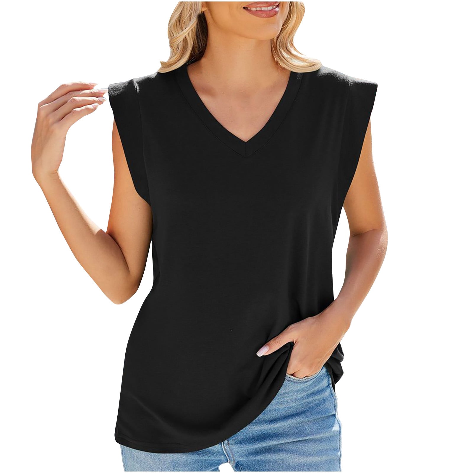 Jewelreauty Women Cap Sleeve Tops Summer Casual Loose V Neck Basic Tank ...