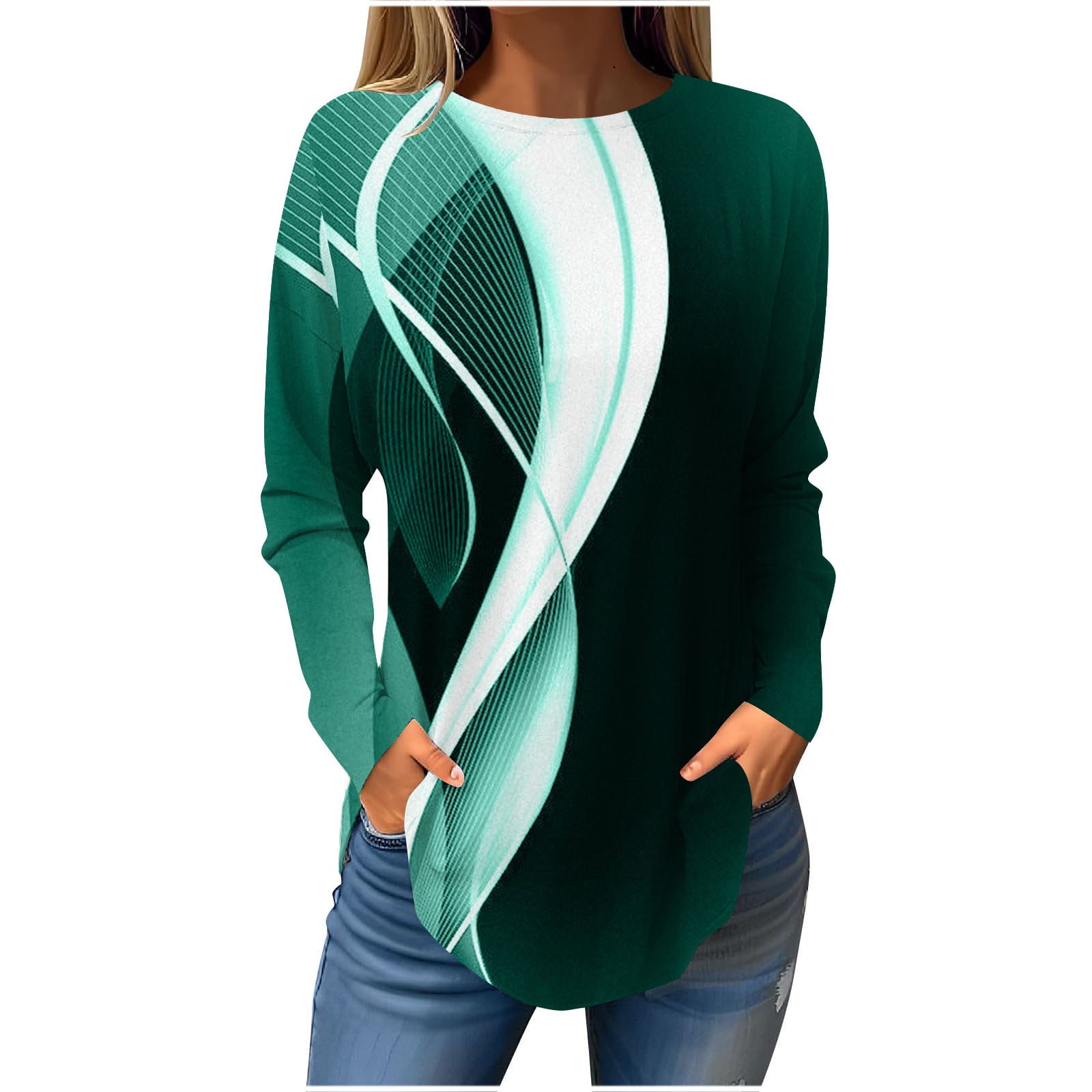 Jewelreauty Women Long Sleeve Graphic Shirts Curved Hem Cozy Pullover ...