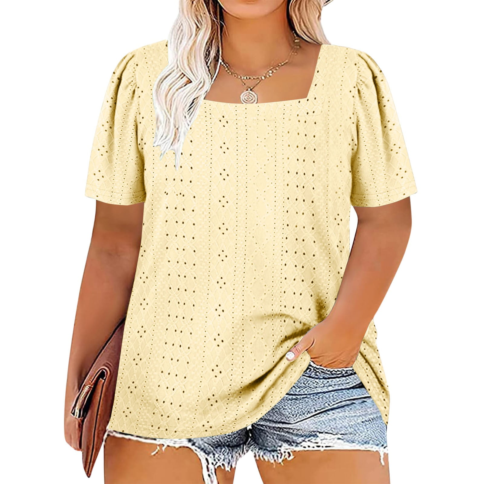 Jewelreauty Women Plus Size Summer Eyelet Tops Short Sleeve Square Neck ...