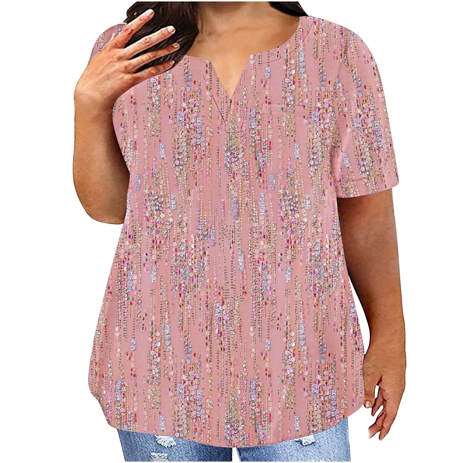 Jewelreauty Women Plus Size Summer Tops Casual Notch Neck Short Sleeve ...