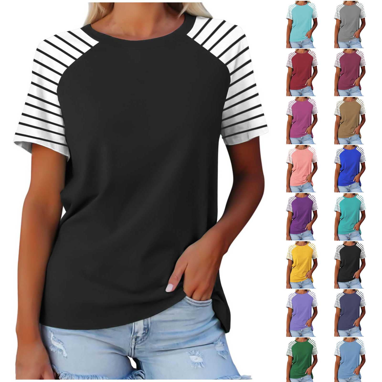 Jewelreauty Women Striped Raglan Sleeve Shirts Crewneck Short Sleeve ...