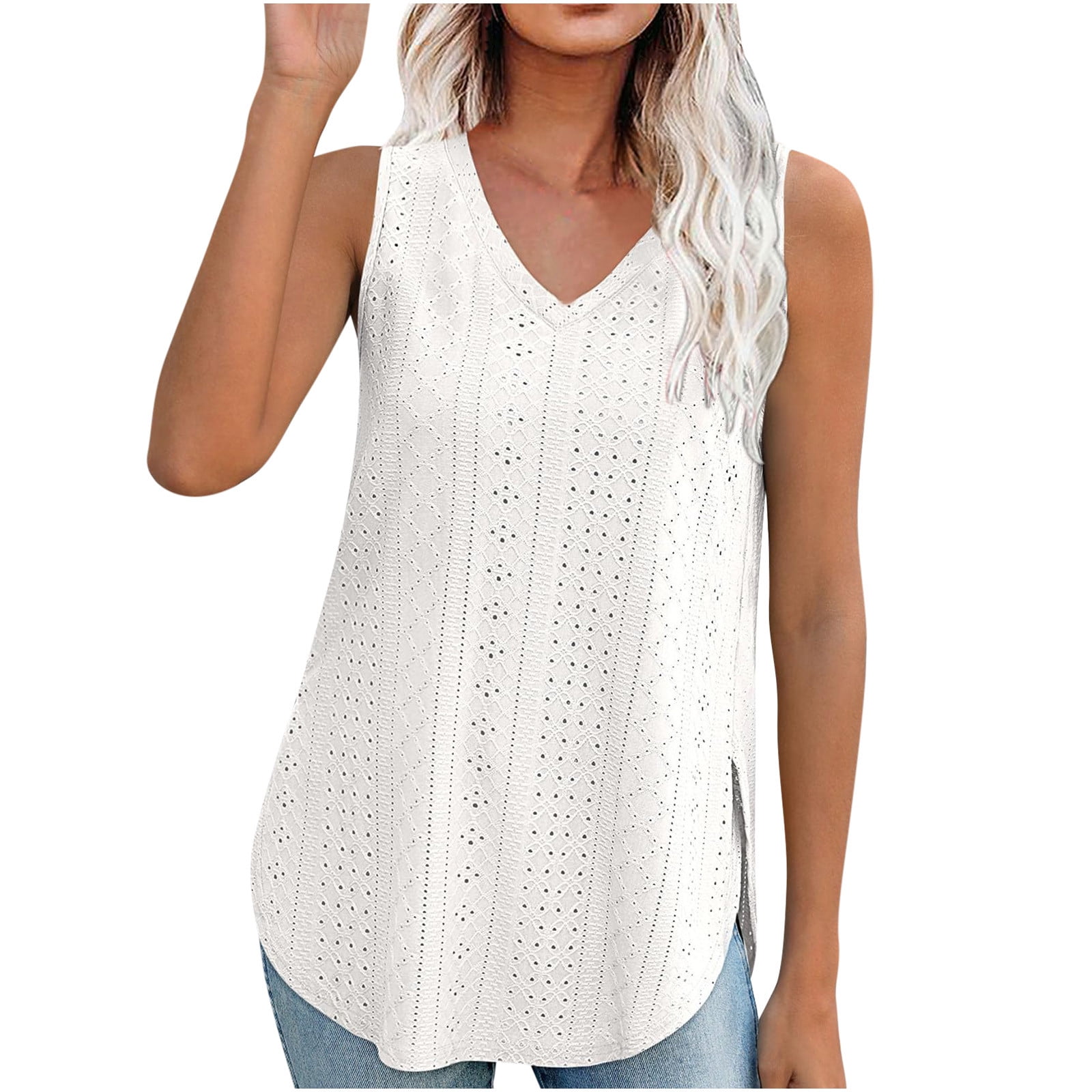 Jewelreauty Women Summer V Neck Tank Tops Side Split Hollow Out ...