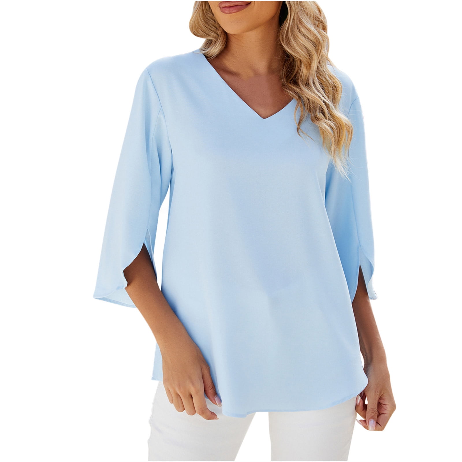 Jewelreauty Womens Solid Color Slit 3/4 Sleeve Shirts Loose V Neck ...