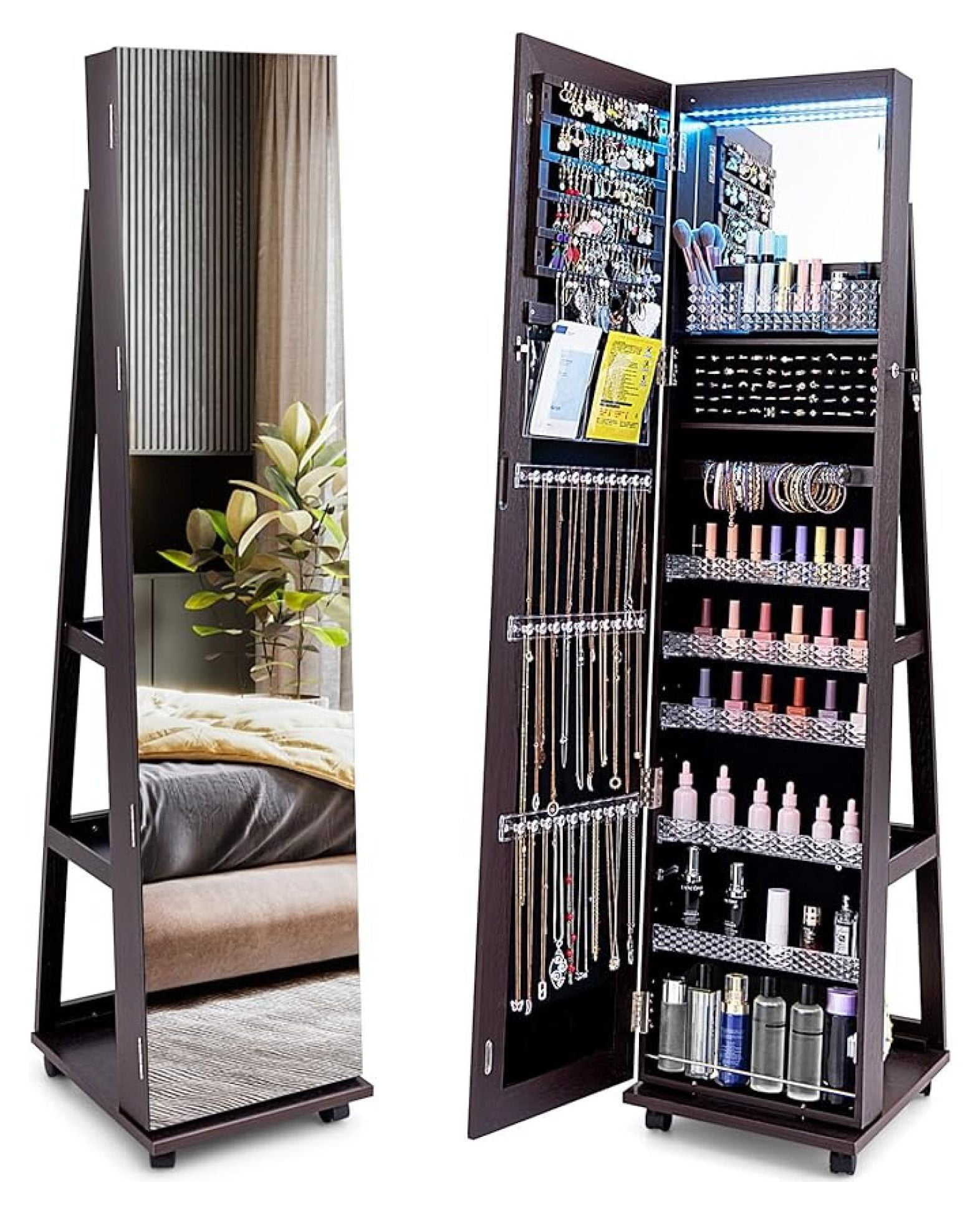 Jewelry Armoire, 360° Rotating Lockable Organizer, LED Lights, Full ...