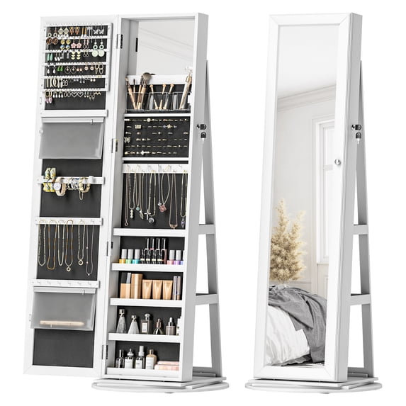 Jewelry Armoire, 360° Swivel Full-Length Mirror Lockable Cabinet, White ...