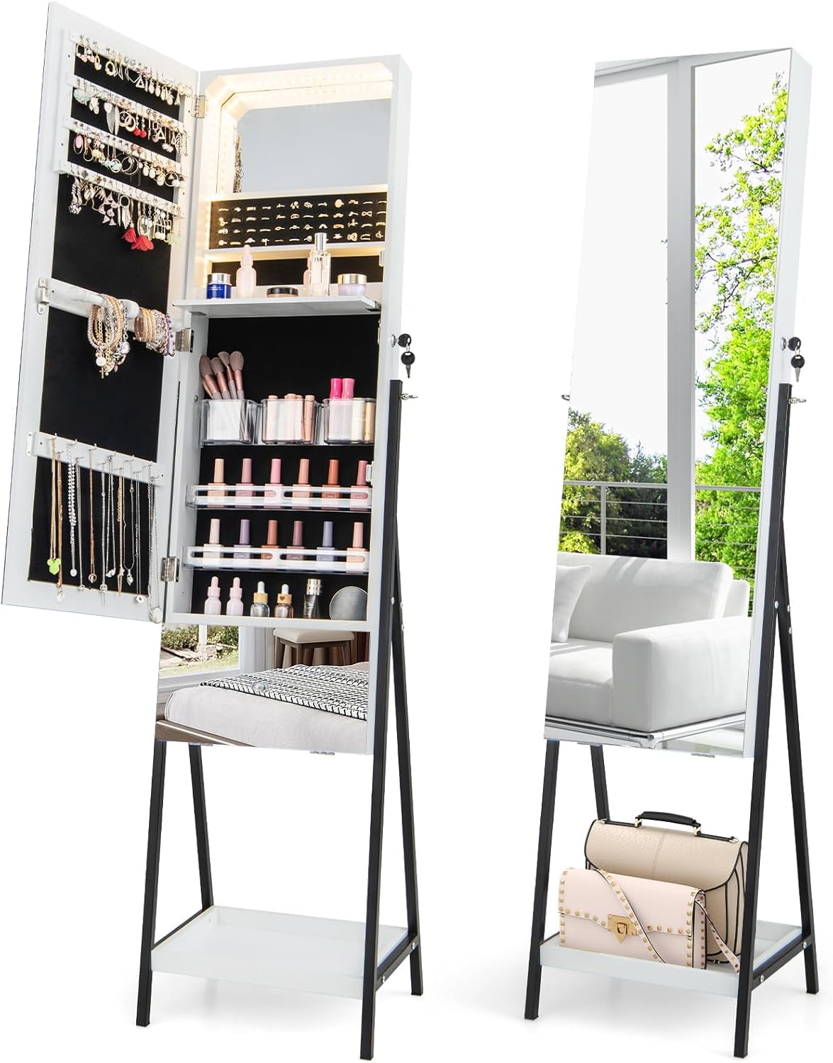 Jewelry Armoire with Full Length Mirror, Lockable Jewelry Cabinet with ...