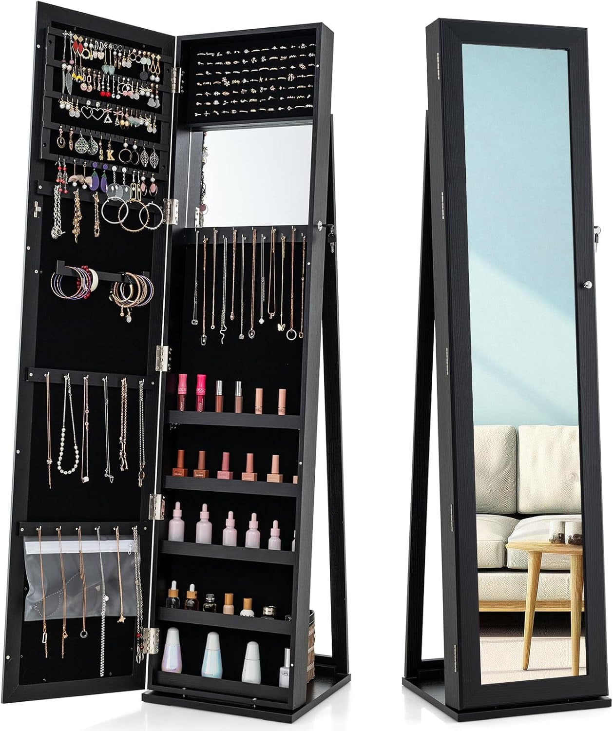 Jewelry Armoire with Full Length Mirror Lockable Standing Jewelry ...
