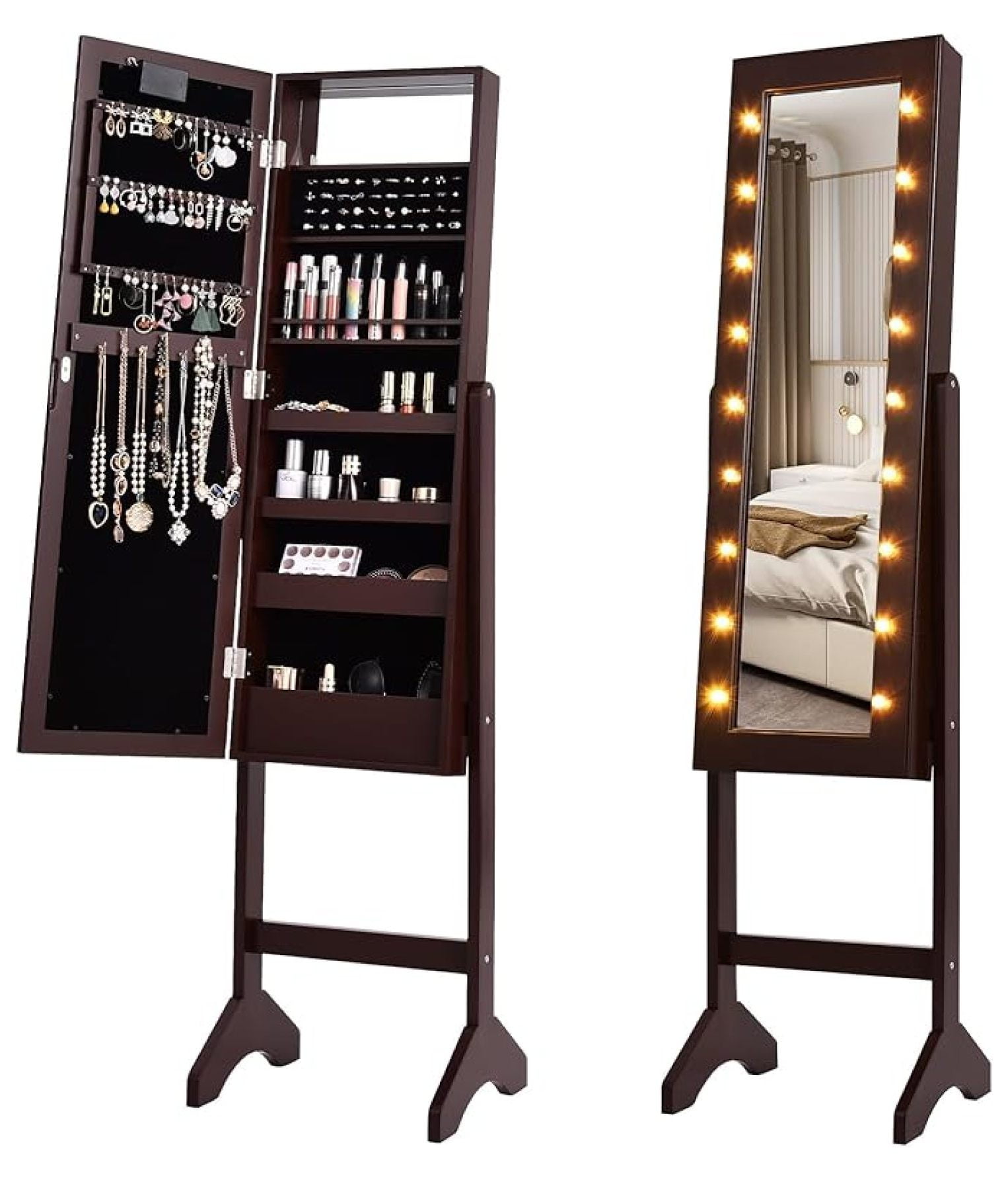 Jewelry Armoire with LED Lights & Mirror - Freestanding Organizer ...