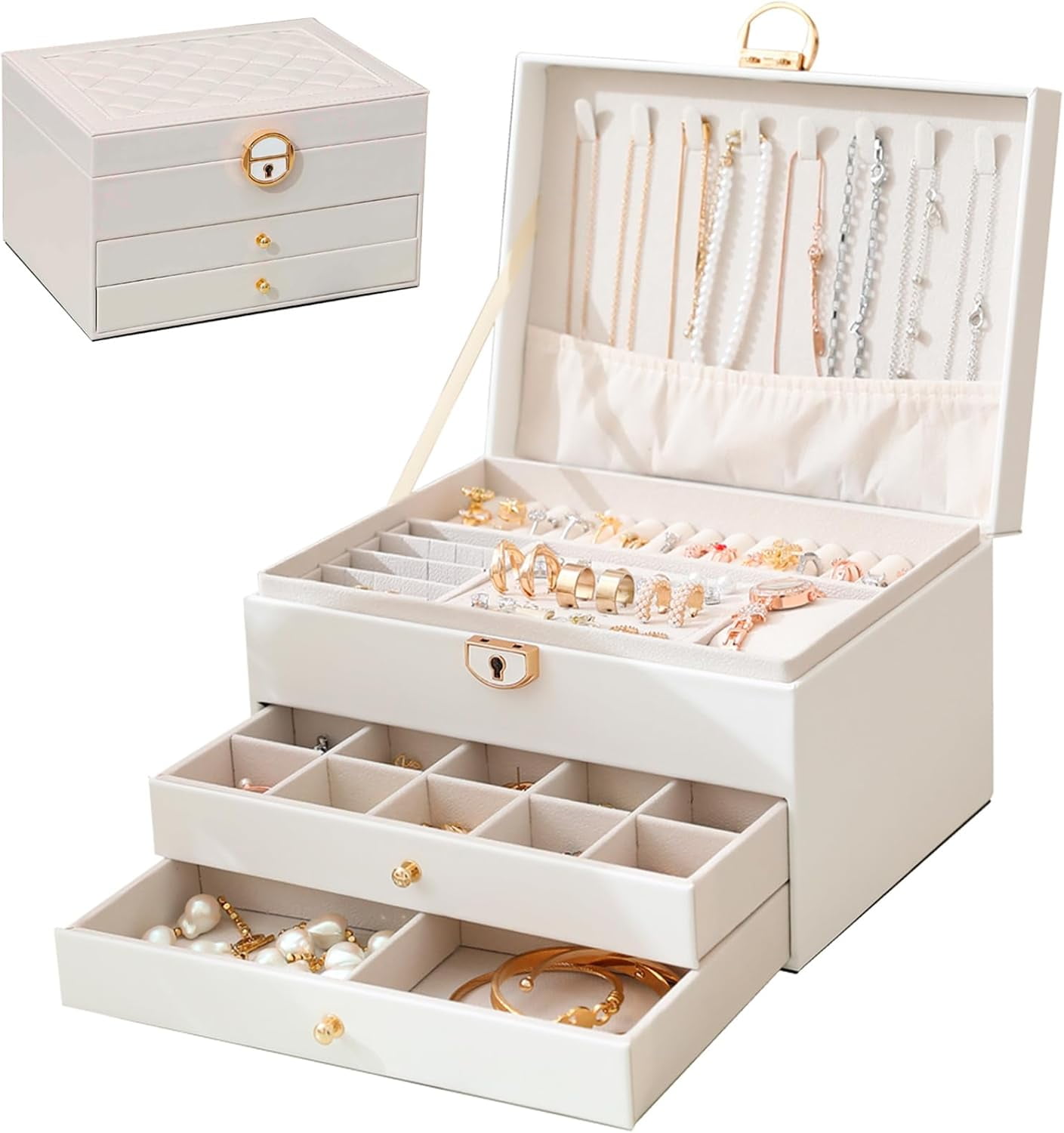 Jewelry Box 3 Tier White Leather, 2 Drawer, Cute Style Necklace Earring ...