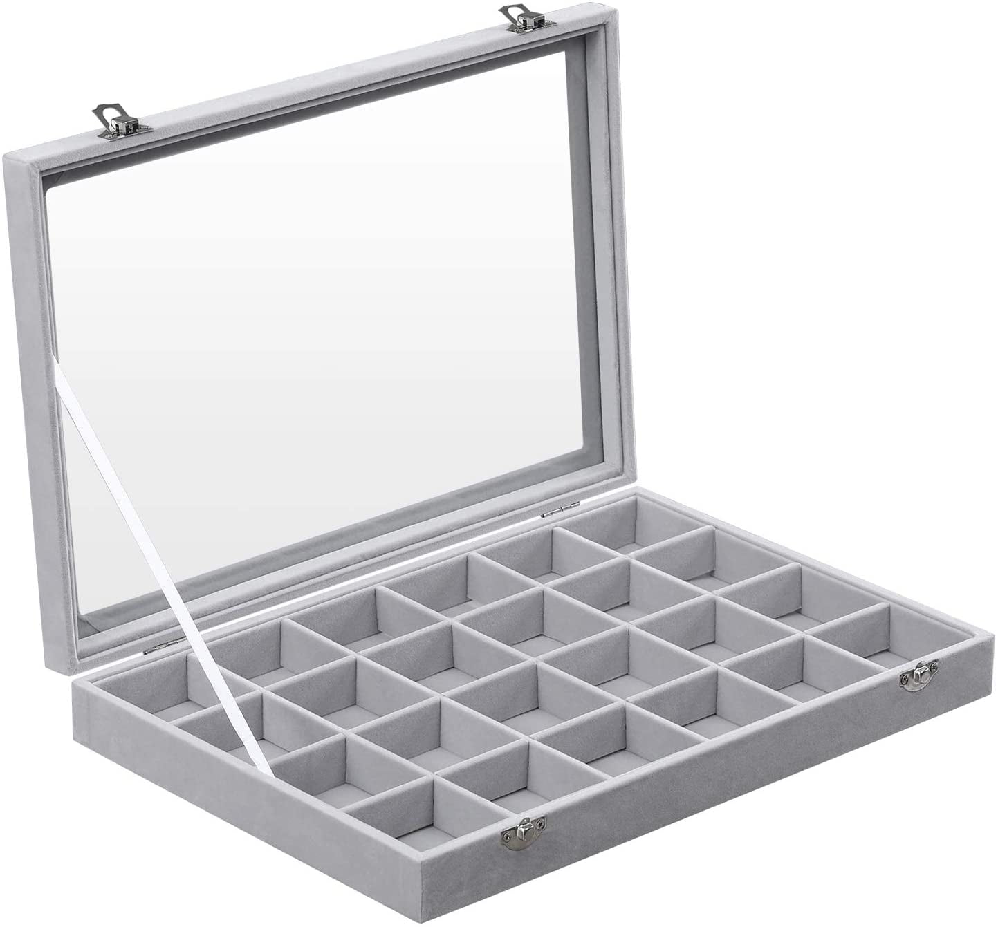 Jewelry Box Display Case with A Clear Glass Window and 24 Compartments ...