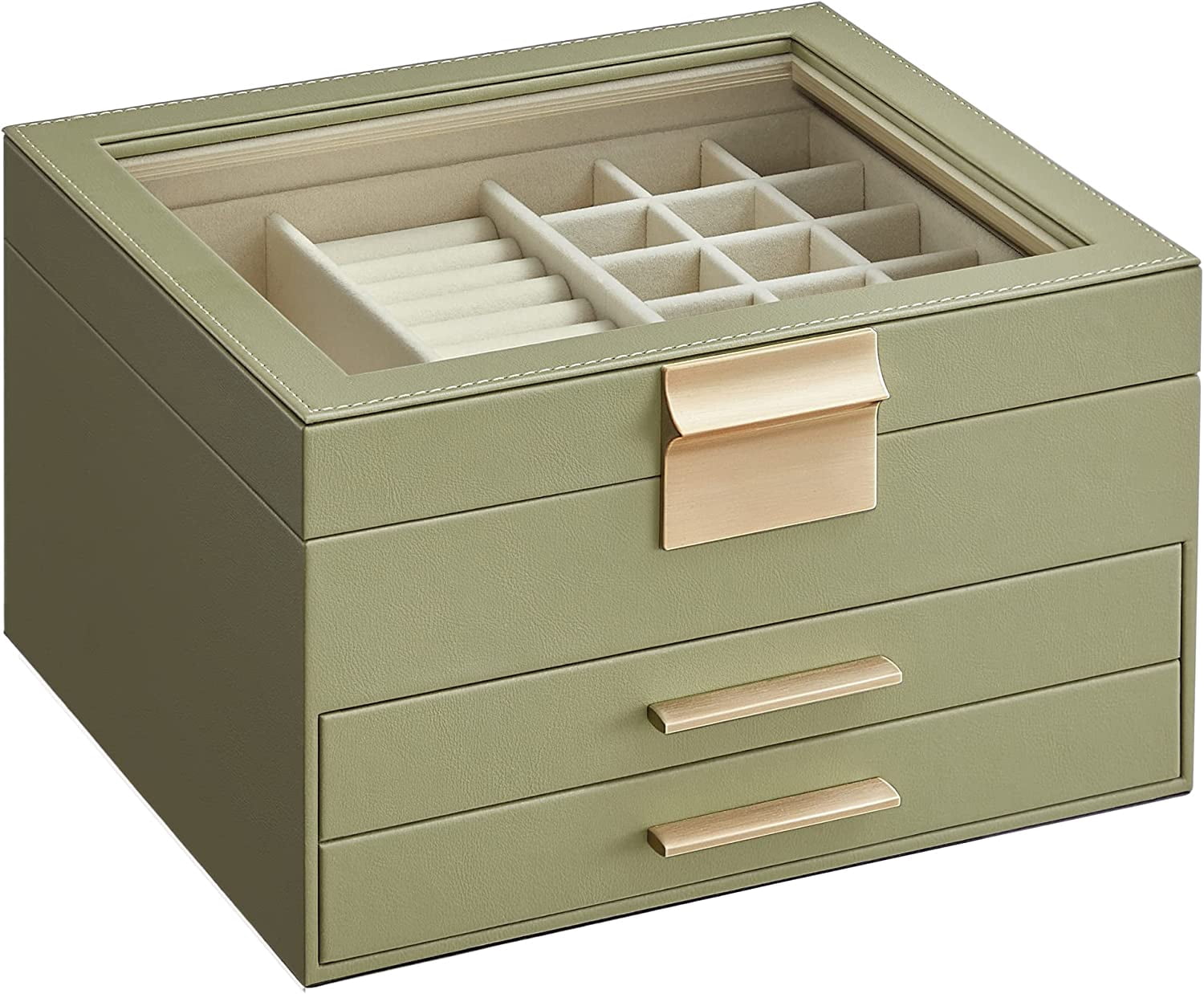 Jewelry Box with Glass Lid, 4-Layer Jewelry Organizer, 3 Drawers, for ...