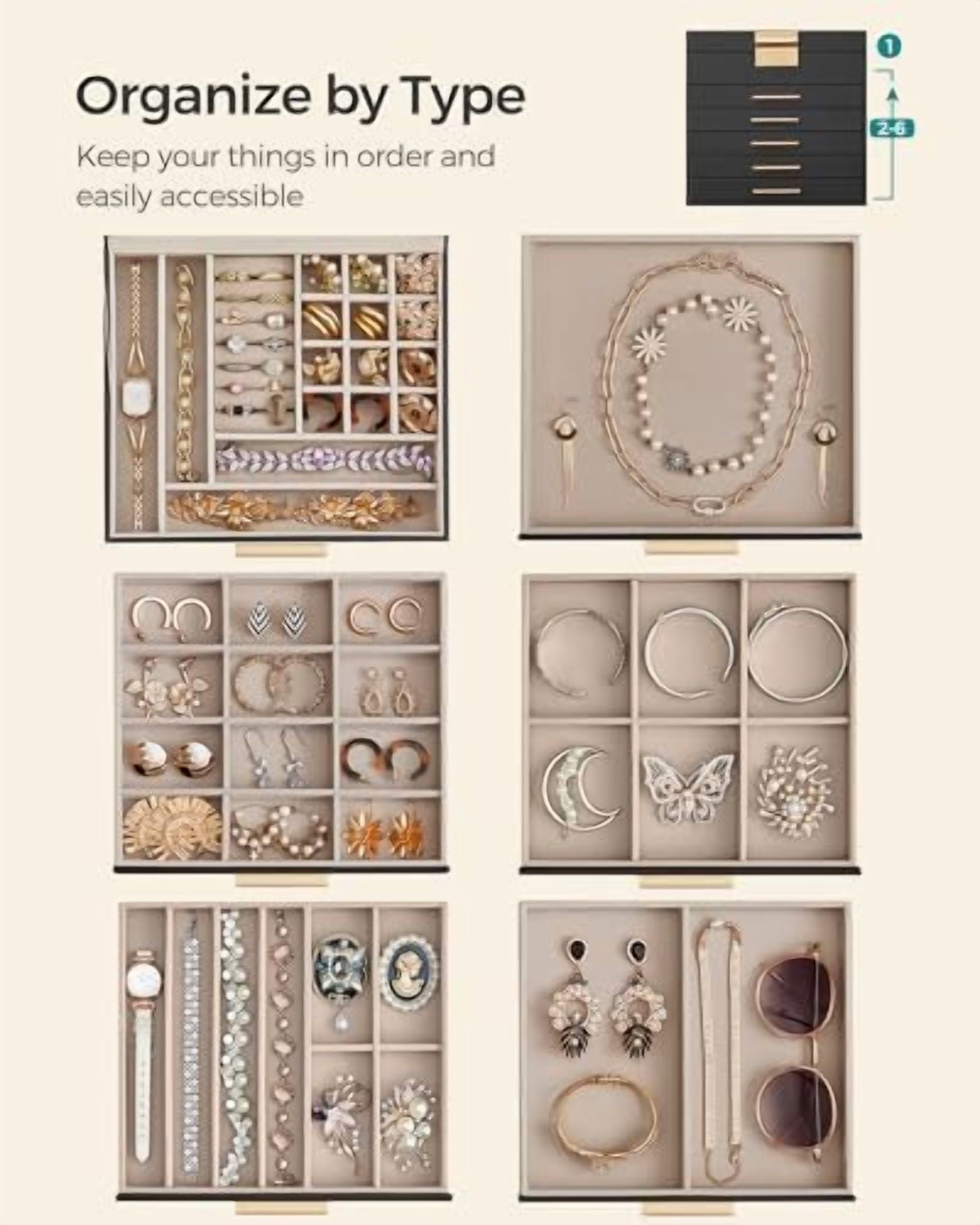 Jewelry Box Organizer with Glass Lid, 6-Layer Jewelry Storage, with 5 ...