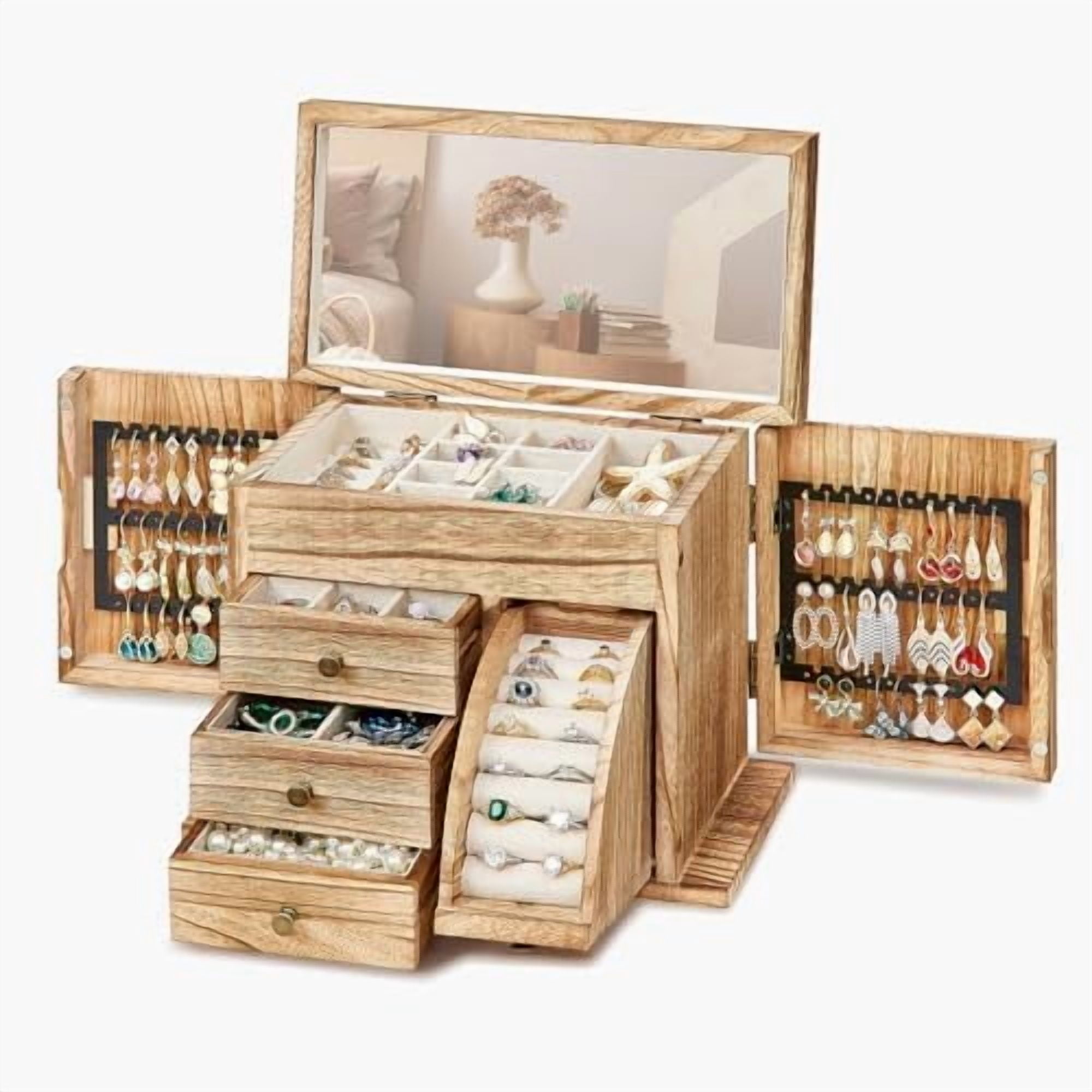 Jewelry Box Organizer, Solid Wood Jewelry Boxes fow Women with Mirror ...
