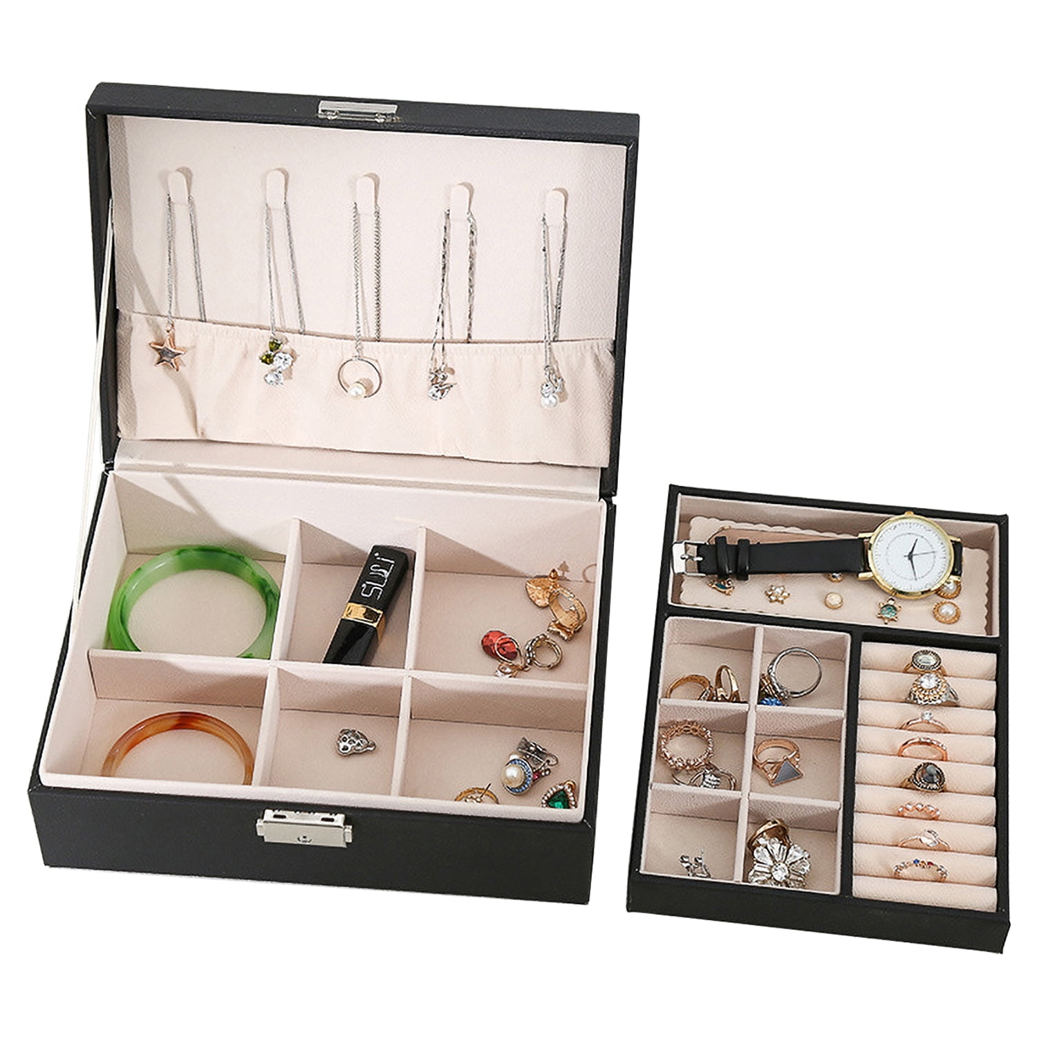 Jewelry Box Organizer for Women Girls, 2 Layer Large Men Jewelry Storage Case, PU Leather ...