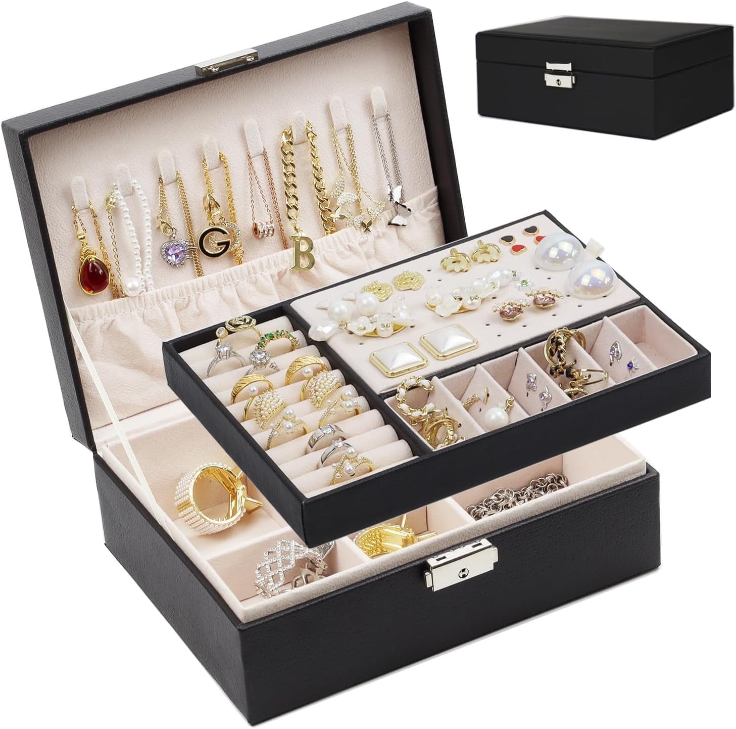 Jewelry Box for Women, 2 Layers Large Leather Jewelry Organizer Storage ...