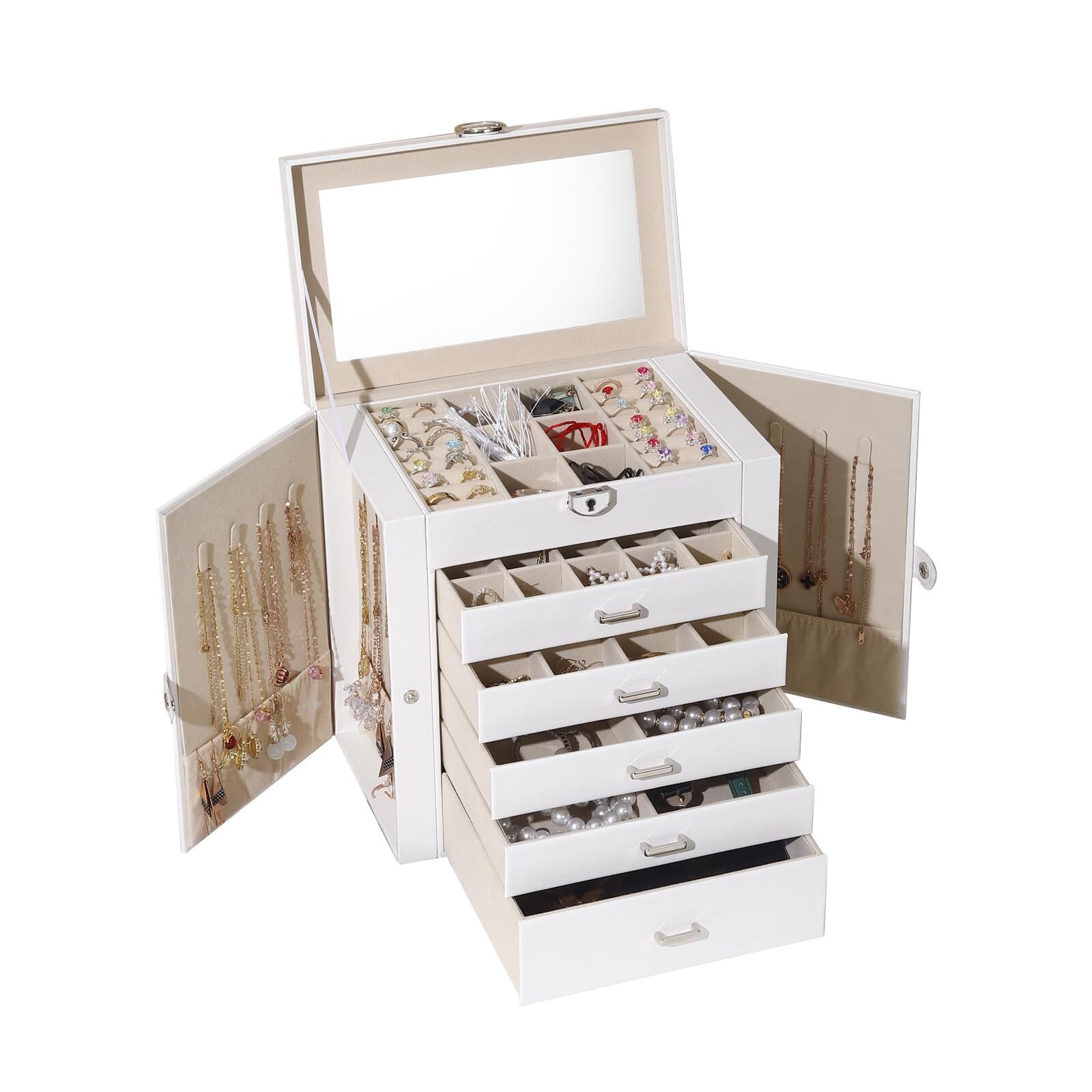 Jewelry Box for Women, 6 Layer Lockable Large Jewelry Holder Organizer with 5 Drawers for ...