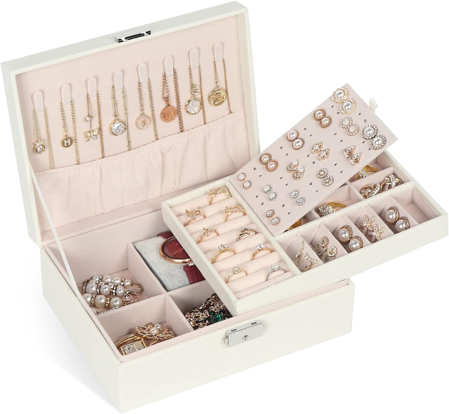 GoXteam 2-Layer Jewelry Box, Lockable Organizer with Tray, Velvet ...
