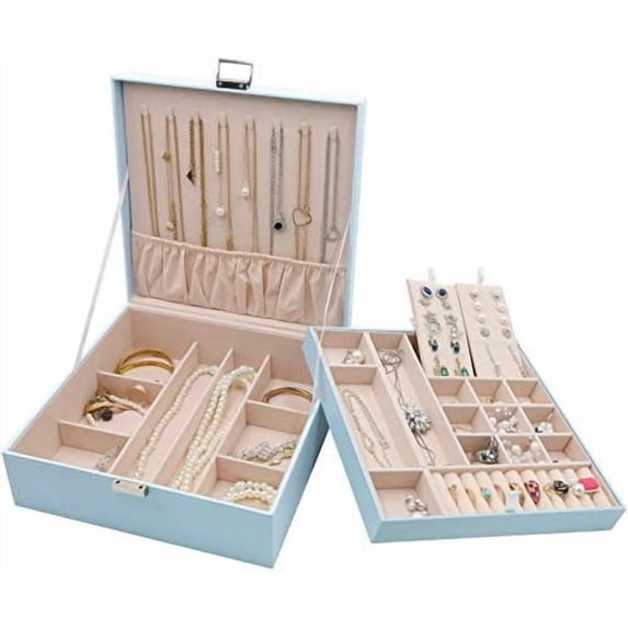 Jewelry Box for Women, 2 Layers Large Leather Jewelry Organizer Storage ...