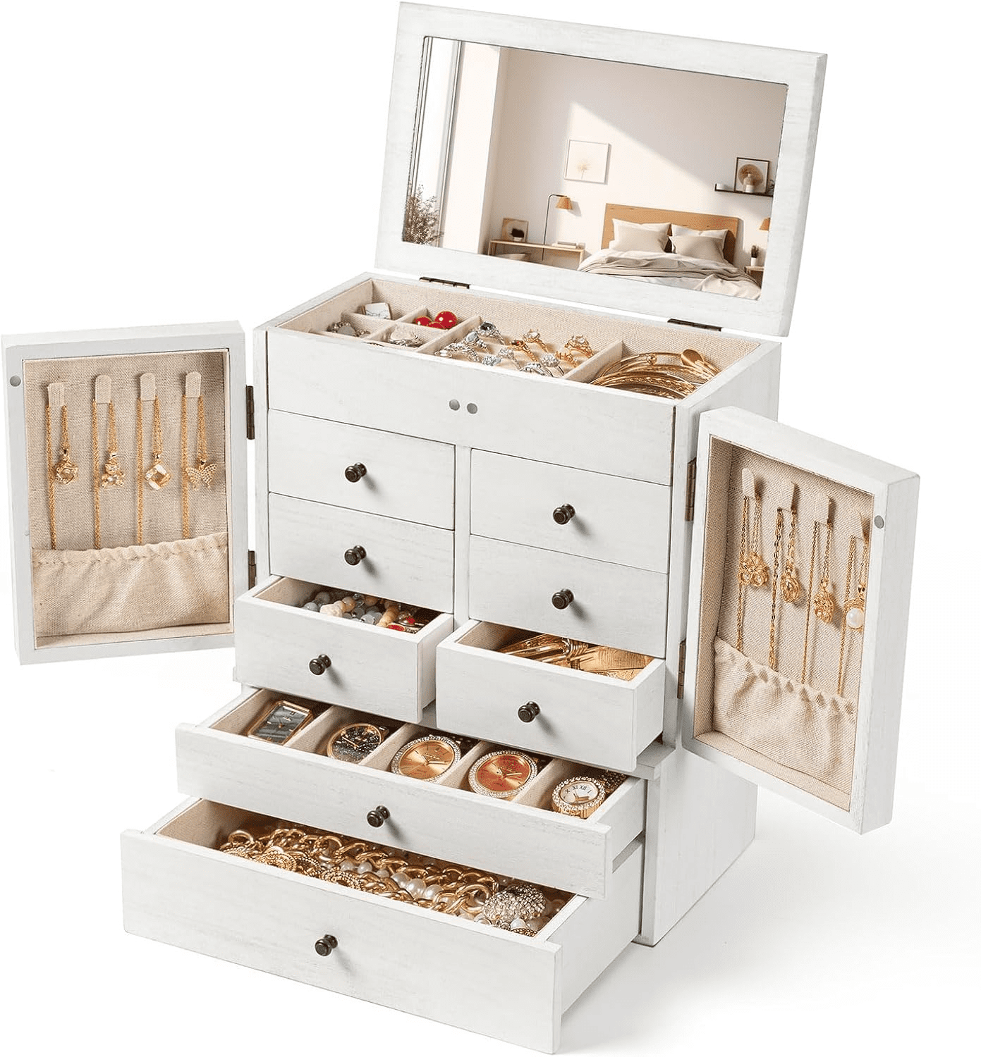 Jewelry Box for Women Wooden Jewelry Boxes 6-Layer Rustic Large Jewelry ...