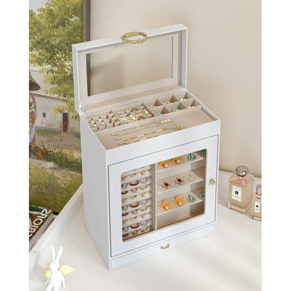 Jewelry Box with 5 LED Lights, 5-Layer Storage, 3 Side Drawers, PU ...