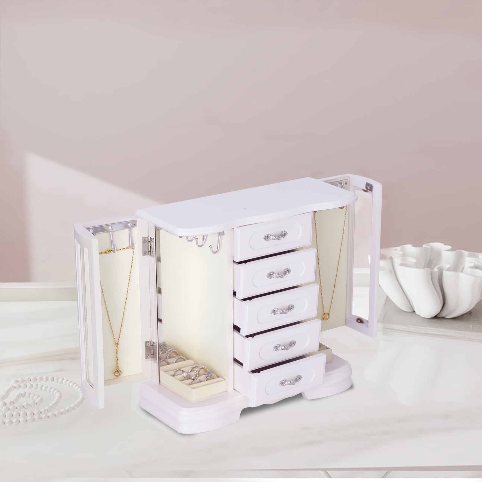 12in Off-White Jewelry Box,Handle Carving Craft Jewelry Box Wooden,With ...