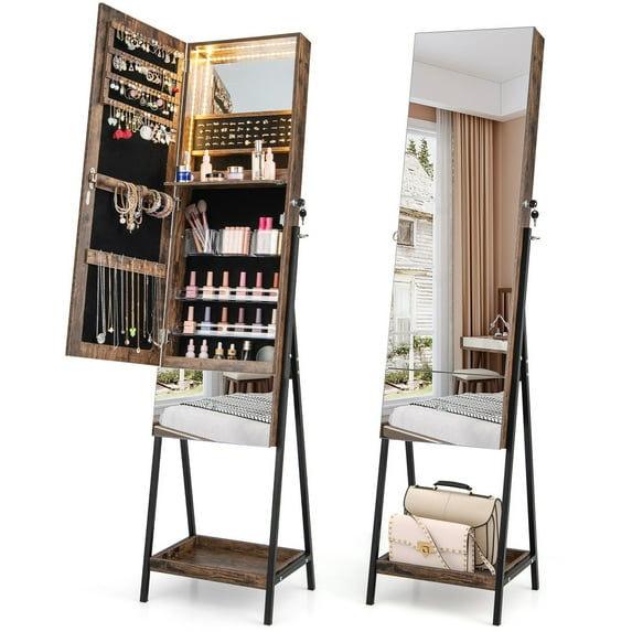 Jewelry Cabinet Armoire Full-Length Mirror w/ 3-Color LED Lights tip ...