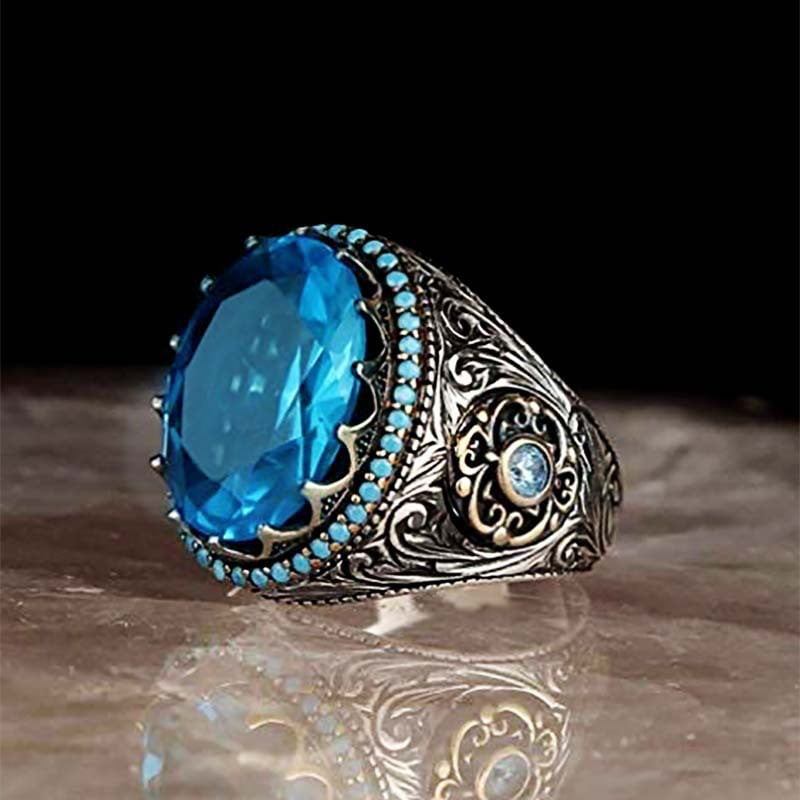 Jewelry Egg Shape Ocean Blue Ring Men's Engraved PatternArmy Green Size ...