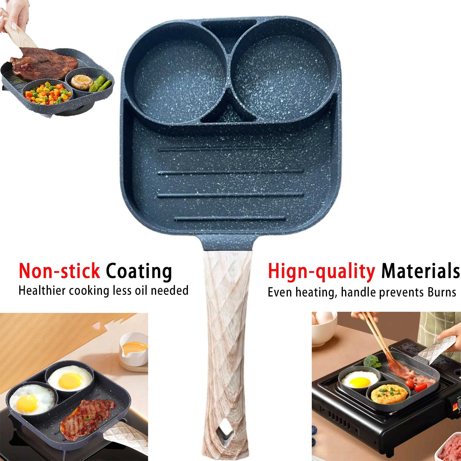 Jewelry Eggs Frying Pan, 3 Section Granite Stone Coated Pancake Pan ...